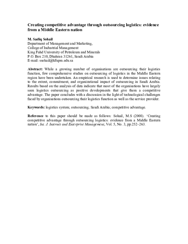 (PDF) Creating competitive advantage through outsourcing logistics ...