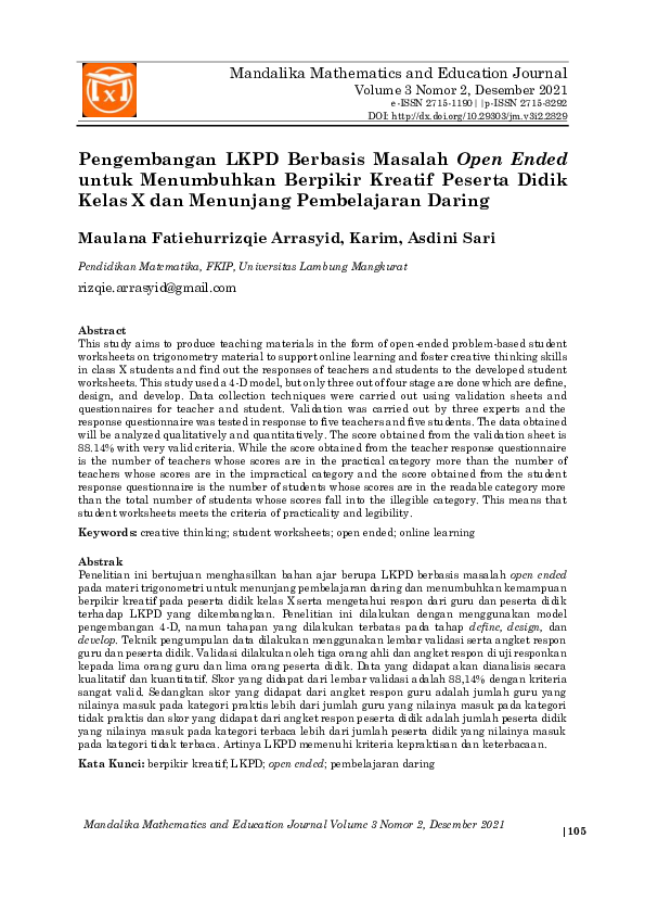 (PDF) Pengembangan LKPD Berbasis Masalah Open Ended Untuk Menumbuhkan Berpikir Kreatif Peserta ...