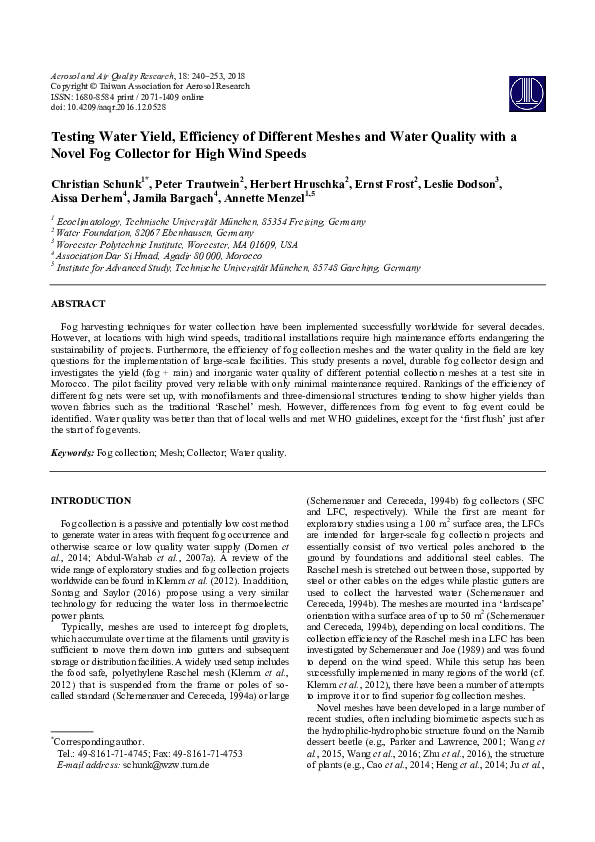 (PDF) Testing Water Yield, Efficiency of Different Meshes and Water ...