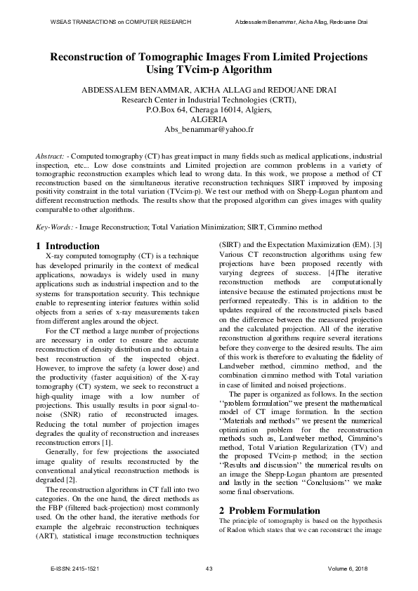 (PDF) Reconstruction of Tomographic Images From Limited Projections Using TVcim-p Algorithm
