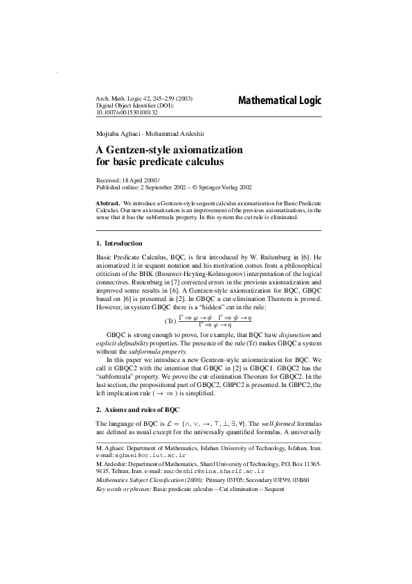 (PDF) A Gentzen-style axiomatization for basic predicate calculus