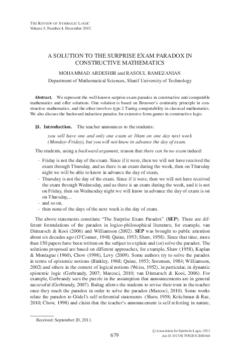 (PDF) A Solution to the Surprise Exam Paradox in Constructive Mathematics