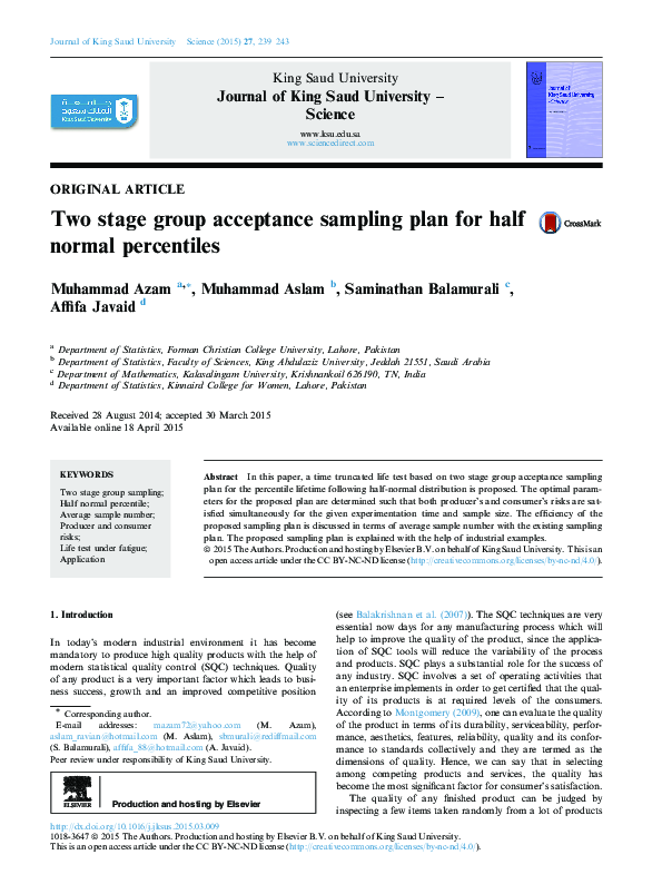 (PDF) Two stage group acceptance sampling plan for half normal percentiles