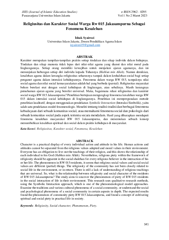 (PDF) . Religiusitas dan Karakter Sosial Warga Rw | ishak syairozi - Academia.edu