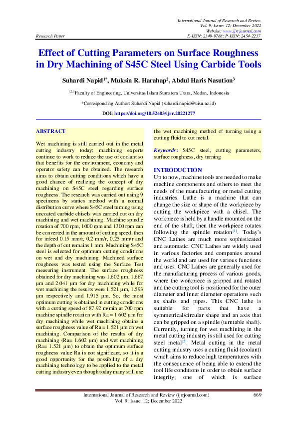 Pdf Effect Of Cutting Parameters On Surface Roughness In Dry Machining Of S45c Steel Using
