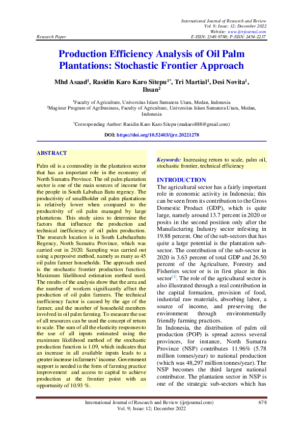 (PDF) Production Efficiency Analysis of Oil Palm Plantations: Stochastic Frontier Approach