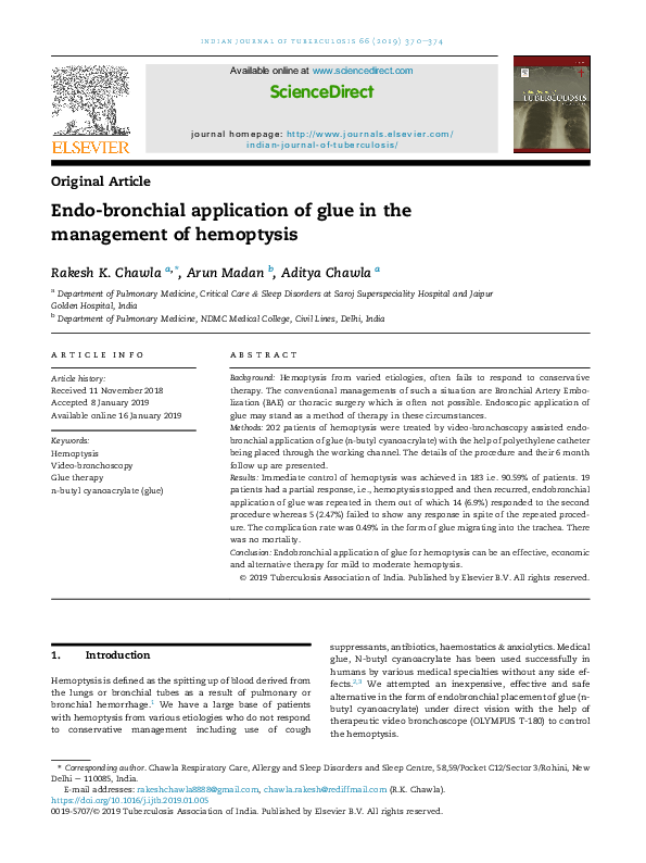 (PDF) Endo-bronchial Application of Glue in the Management of Hemoptysis