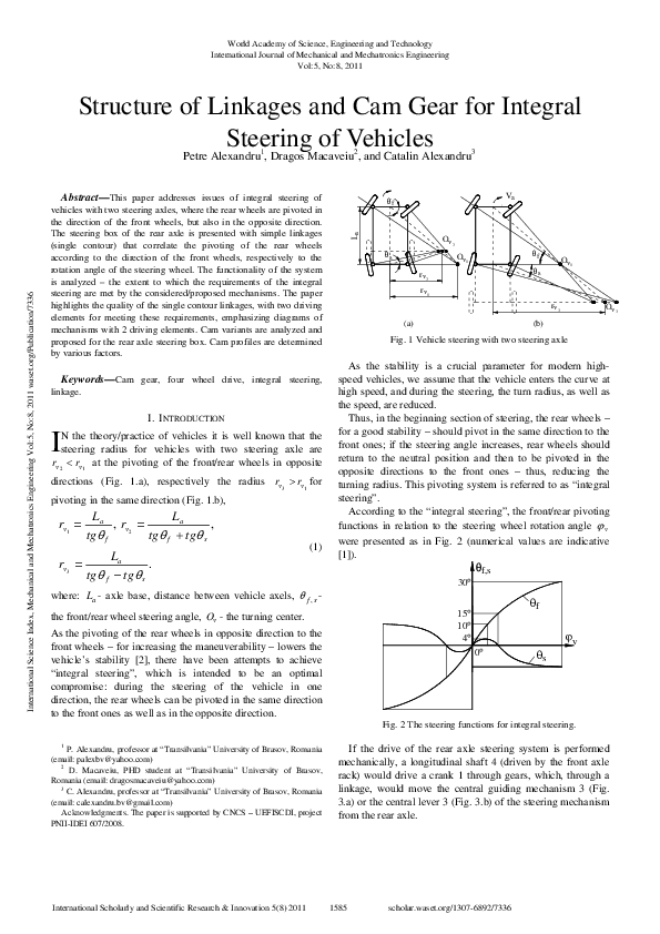 (PDF) Structure Of Linkages And Cam Gear For Integral Steering Of Vehicles