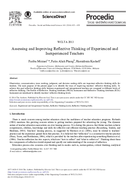 (PDF) Assessing and Improving Reflective Thinking of Experienced and Inexperienced Teachers