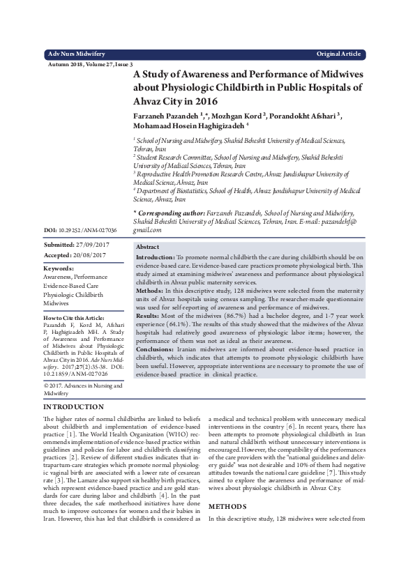 (PDF) Ahvazi Midwives' Awareness of Physiologic Birth