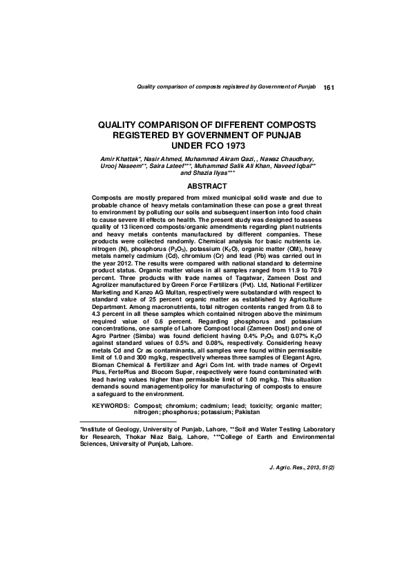 (PDF) Quality Comparison of Different Composts Registered by Government of Punjab Under Fco 1973