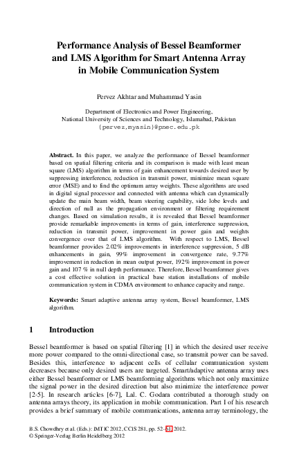 Pdf Performance Analysis Of Bessel Beamformer And Lms Algorithm For Smart Antenna Array In