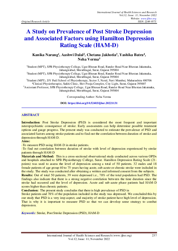 (PDF) A Study on Prevalence of Post Stroke Depression and Associated ...
