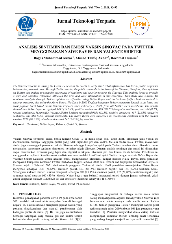 (PDF) Analisis Sentimen dan Emosi Vaksin Sinovac pada Twitter menggunakan Naïve Bayes dan ...