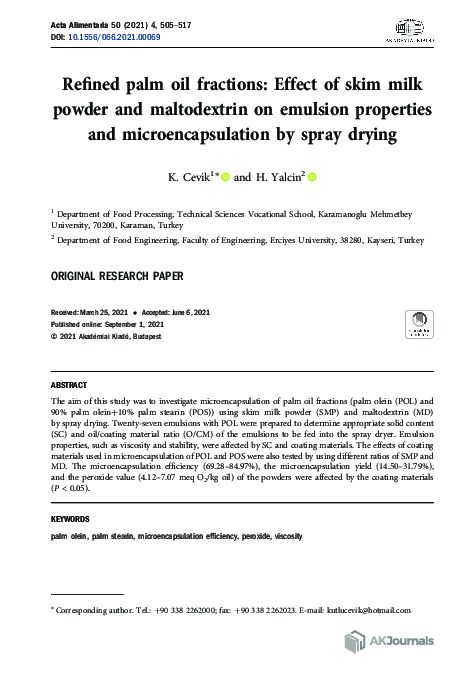 (PDF) Refined palm oil fractions: Effect of skim milk powder and maltodextrin on emulsion ...