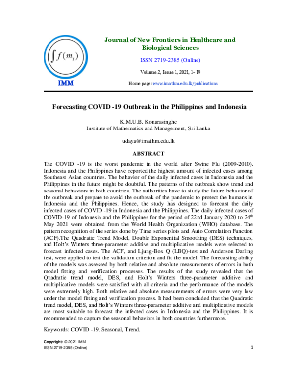 (PDF) Forecasting COVID -19 Outbreak in the Philippines and Indonesia