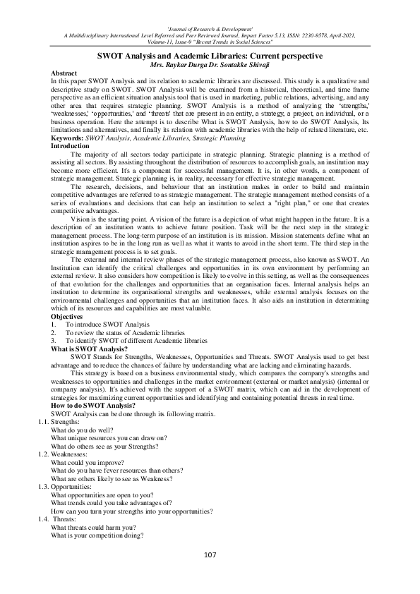 (PDF) SWOT Analysis and Academic Libraries: Current perspective