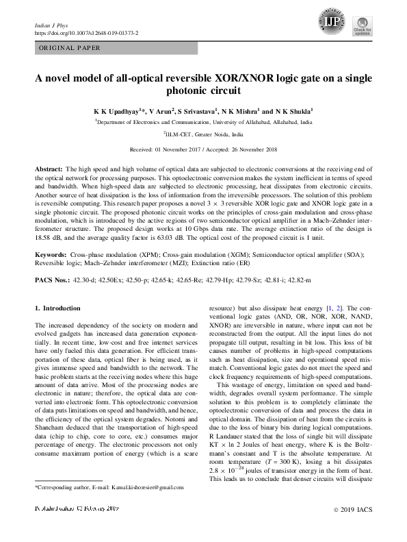 (PDF) A novel model of all-optical reversible XOR/XNOR logic gate on a ...