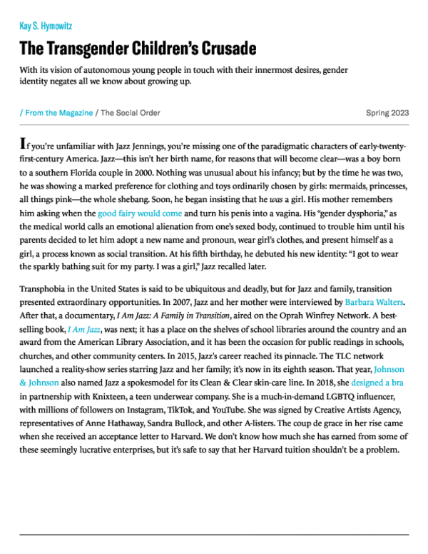 (PDF) The Transgender Children’s Crusade, by Kay S. Hymowitz