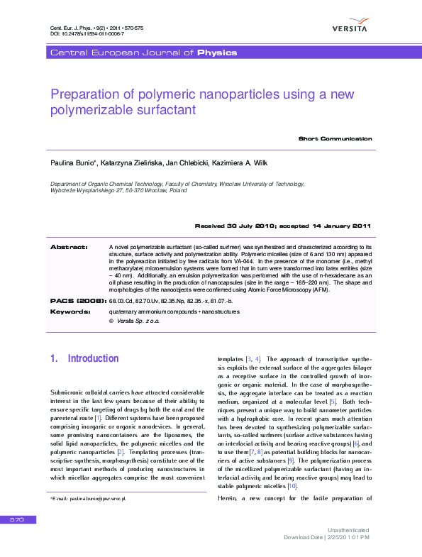 (PDF) Preparation of polymeric nanoparticles using a new polymerizable ...