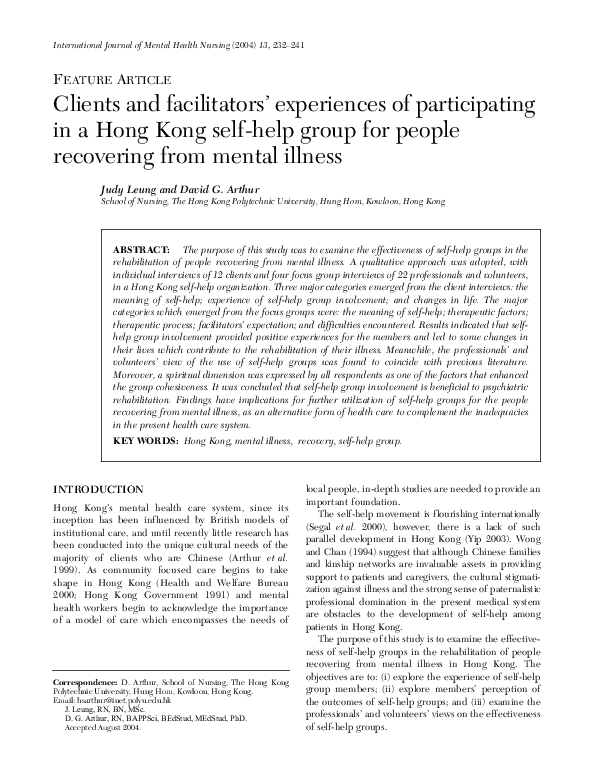 (PDF) Clients and facilitators' experiences of participating in a Hong Kong self-help group for ...