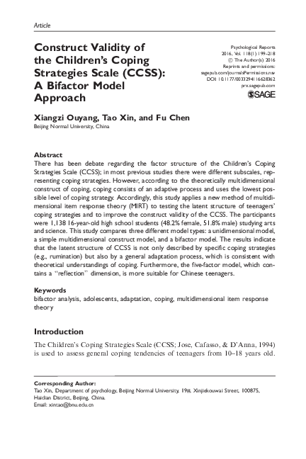 (PDF) Construct Validity of the Children’s Coping Strategies Scale (CCSS)