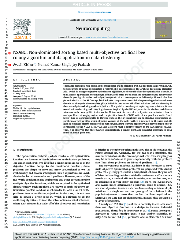(PDF) NSABC: Non-dominated sorting based multi-objective artificial bee colony algorithm and its ...
