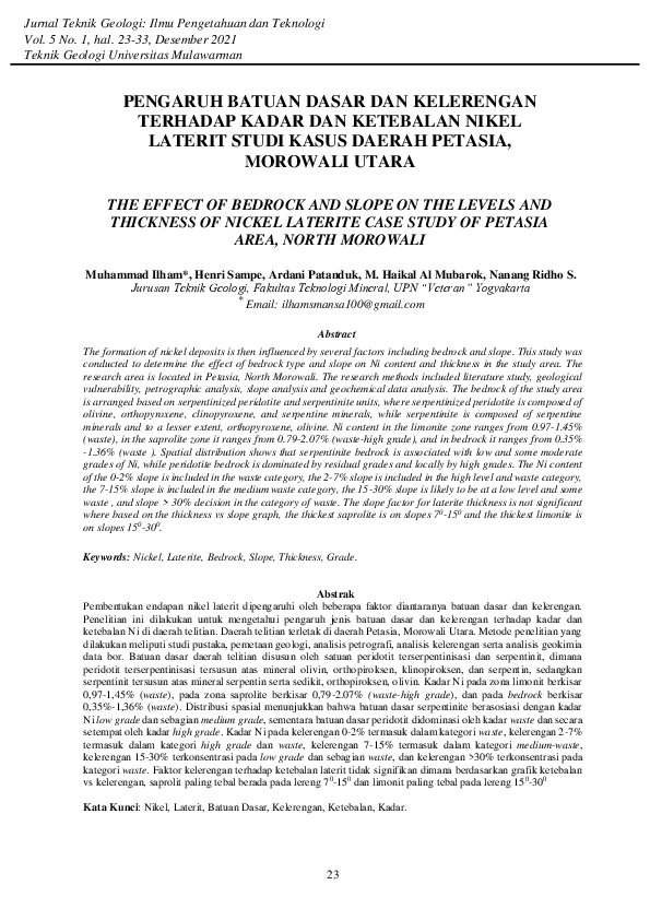 (PDF) Pengaruh Batuan Dasar Dan Kelerengan Terhadap Kadar Dan Ketebalan Nikel Laterit Studi ...