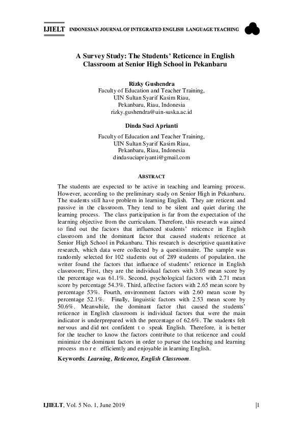 (PDF) A Survey Study: The Students’ Reticence in English Classroom at ...