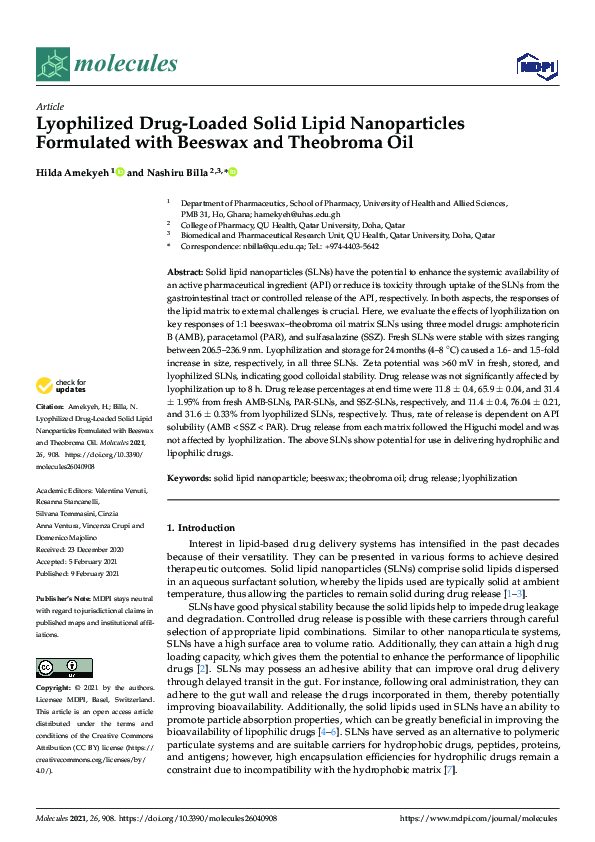Pdf Lyophilized Drug Loaded Solid Lipid Nanoparticles Formulated With Beeswax And Theobroma Oil