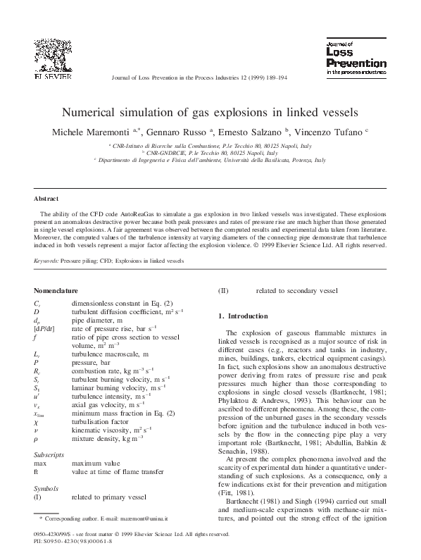 (PDF) Numerical simulation of gas explosions in linked vessels