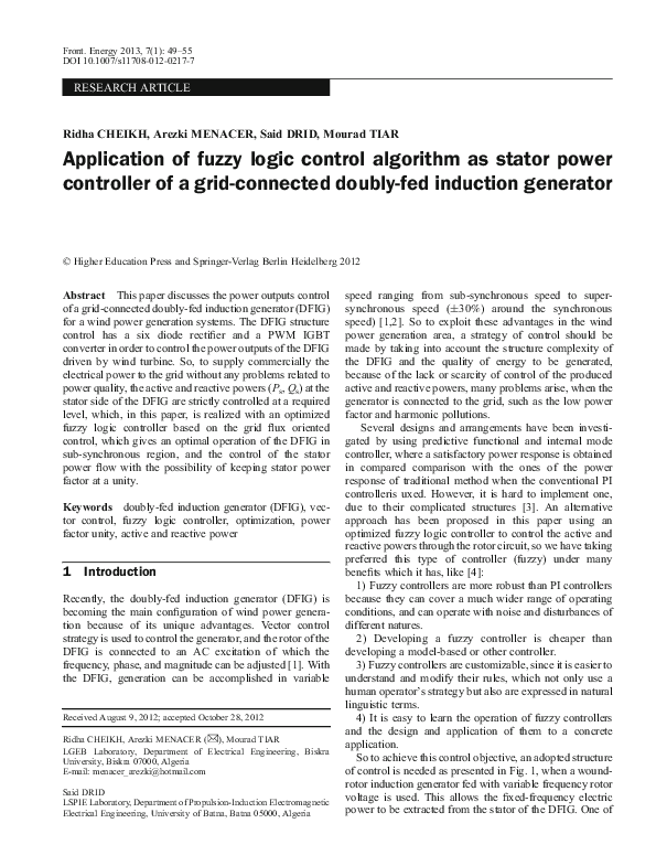 (PDF) Application of fuzzy logic control algorithm as stator power controller of a grid ...