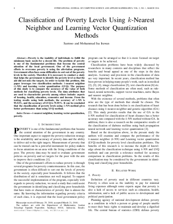 (PDF) Classiﬁcation of Poverty Levels Using k-Nearest Neighbor and Learning Vector Quantization ...