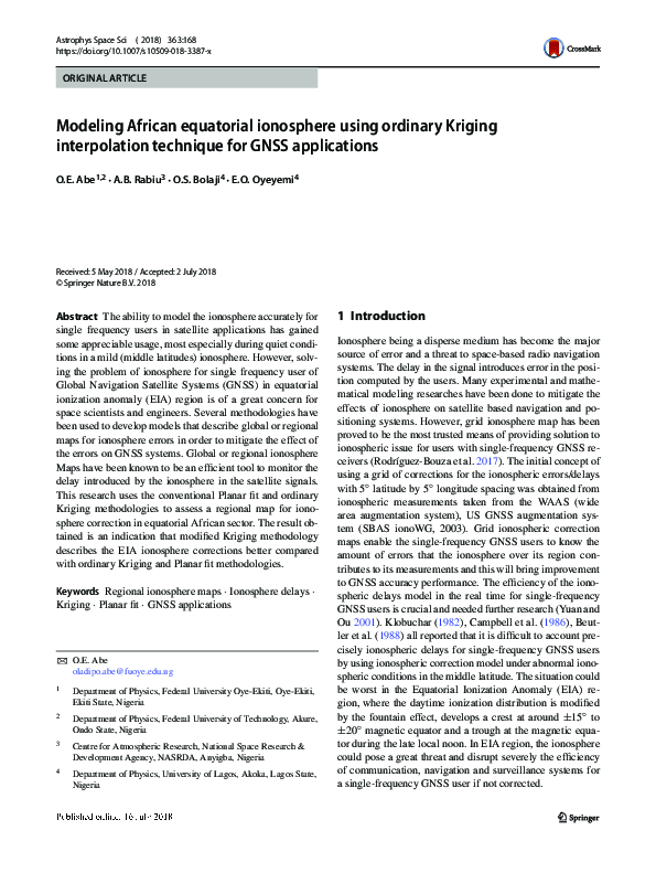 (PDF) Modeling African equatorial ionosphere using ordinary Kriging interpolation technique for ...
