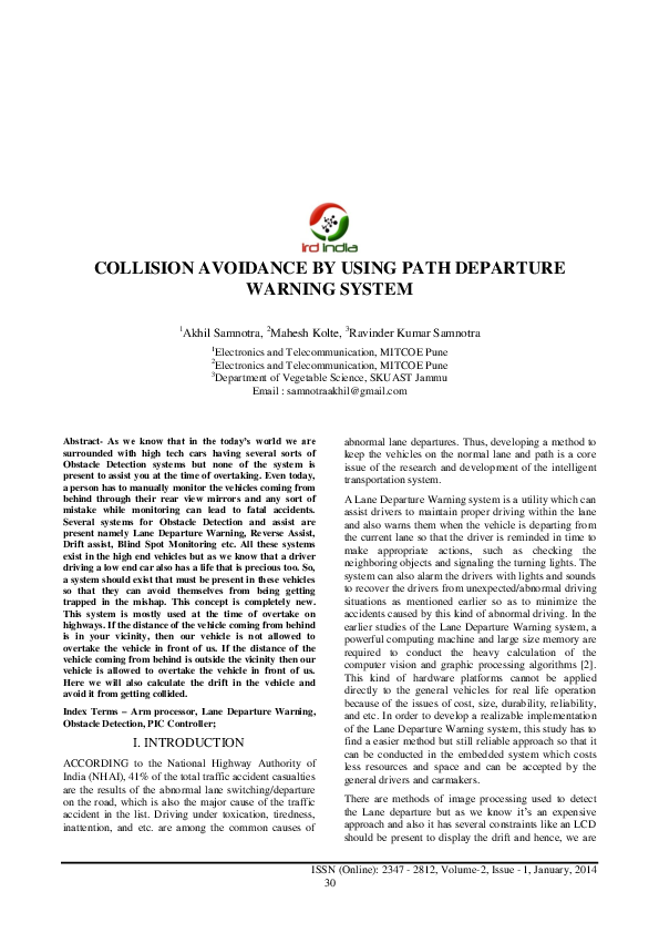 (PDF) Collision Avoidance by Using Path Departure Warning System