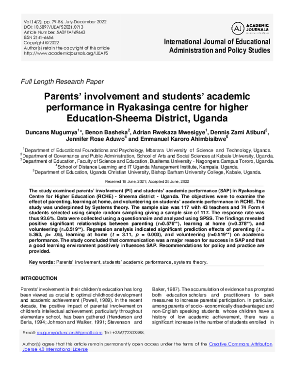 (PDF) Parents involvement and students academic performance in ...