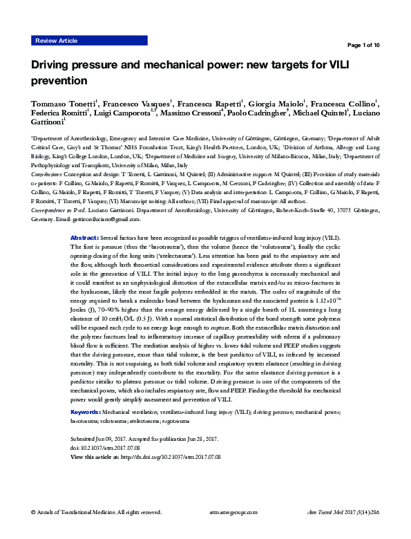 (PDF) Driving pressure and mechanical power: new targets for VILI ...