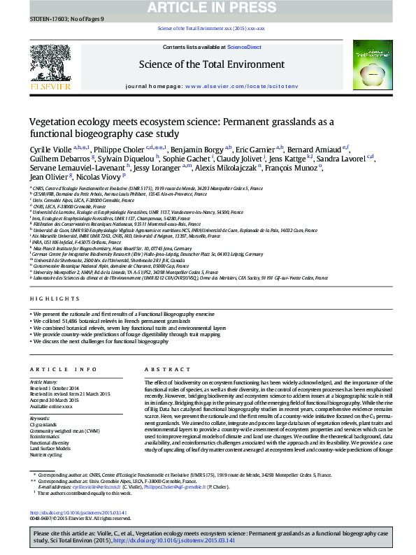 (PDF) Vegetation ecology meets ecosystem science: Permanent grasslands ...