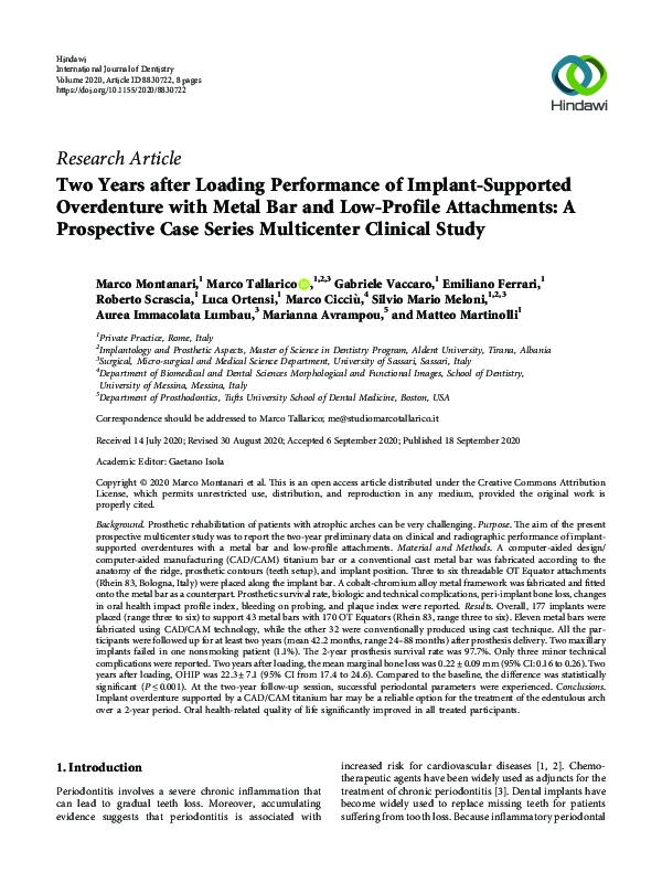 (PDF) Two Years after Loading Performance of Implant-Supported Overdenture with Metal Bar and ...