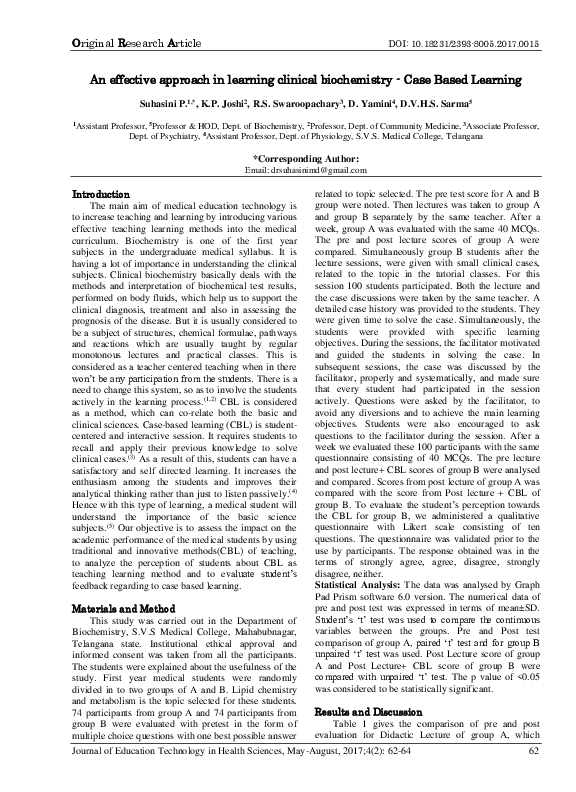 (PDF) An effective approach in learning clinical biochemistry - Case Based Learning