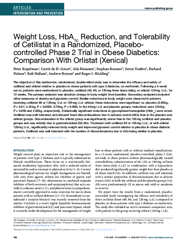 (PDF) Weight Loss, HbA1c Reduction, and Tolerability of Cetilistat in a ...