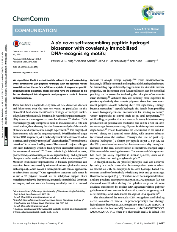 (PDF) A de novo self-assembling peptide hydrogel biosensor with ...