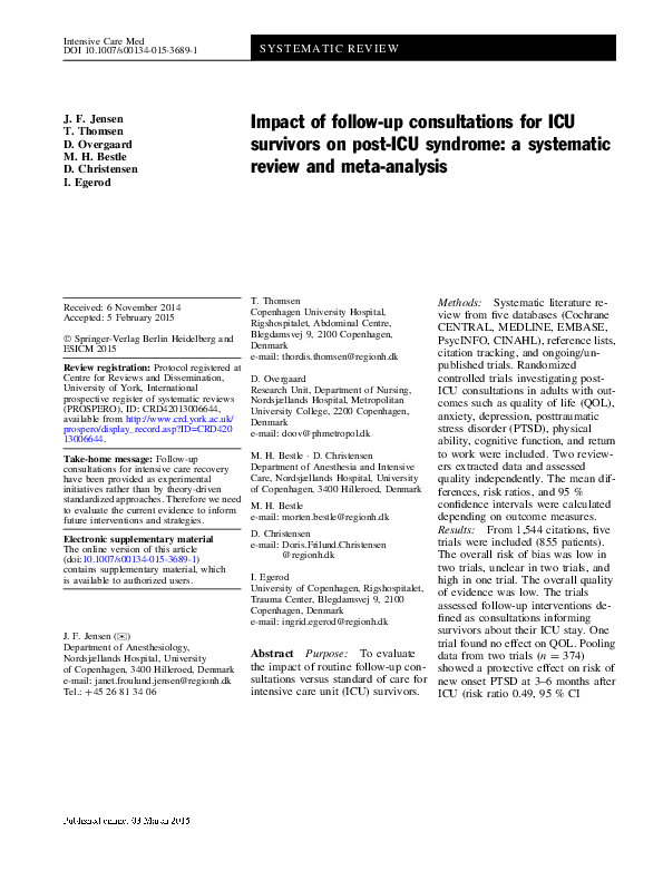 (PDF) Impact of follow-up consultations for ICU survivors on post-ICU ...
