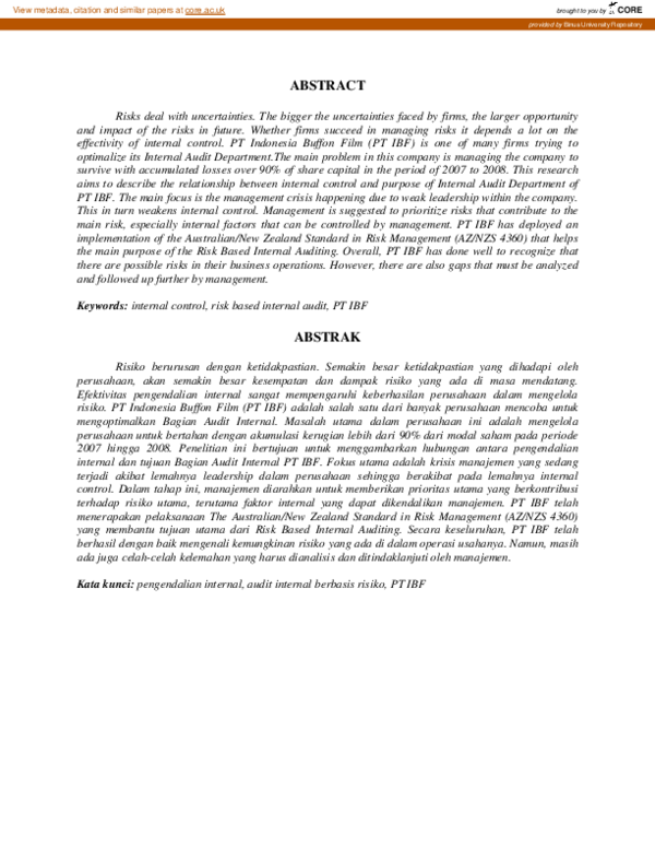 (PDF) Risk Based Internal Auditing dan Implementasinya pada PT IBF