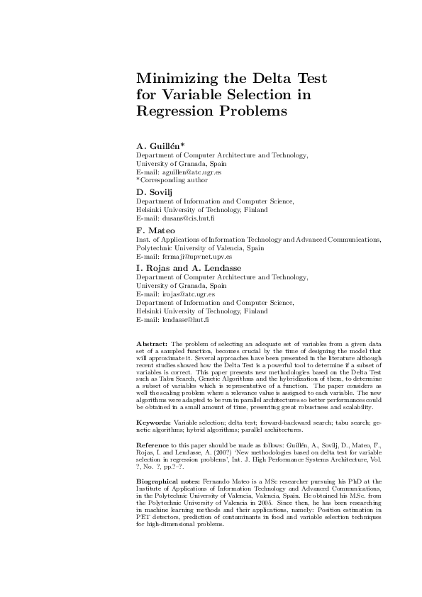 (PDF) Minimising the delta test for variable selection in regression ...