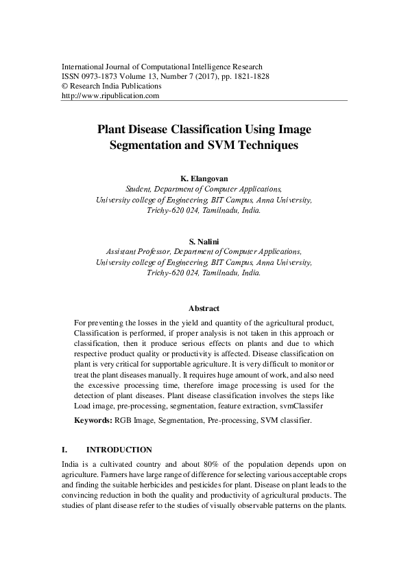 Pdf Plant Disease Classification Using Image Segmentation And Svm