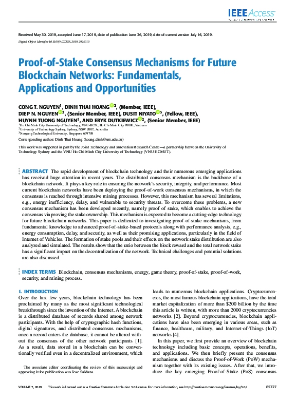 (PDF) Proof-of-Stake Consensus Mechanisms for Future Blockchain Networks: Fundamentals ...