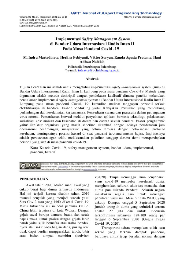 (PDF) Implementasi Safety Management System Di Bandar Udara Internasional Radin Inten Ii Pada ...