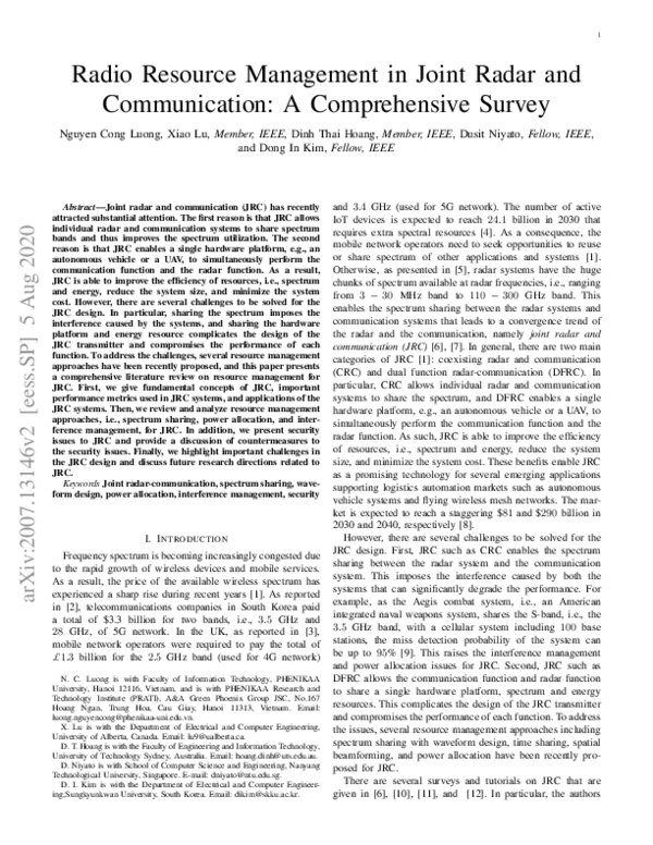 (PDF) Radio Resource Management in Joint Radar and Communication: A Comprehensive Survey