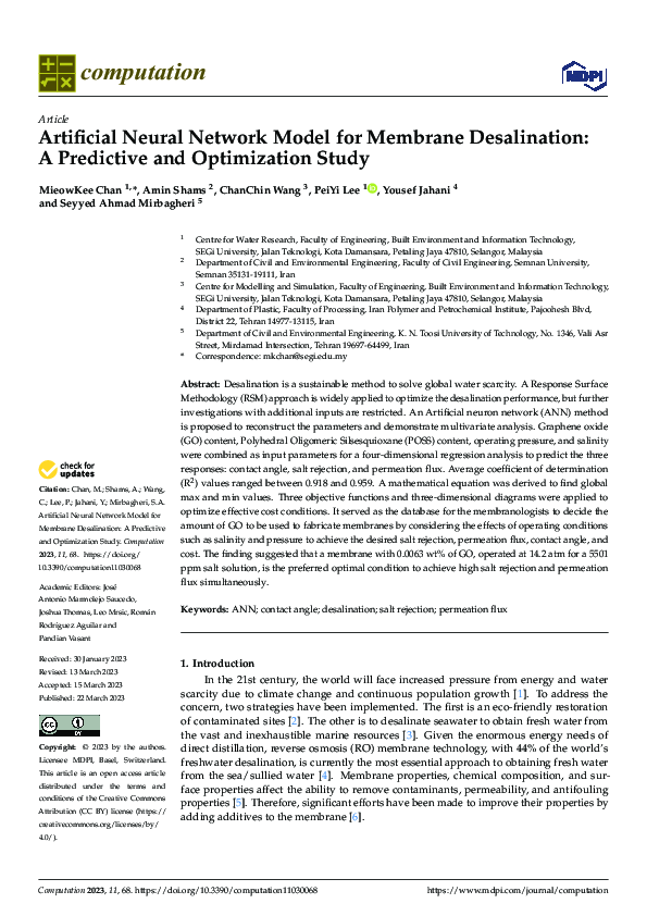 (PDF) Artificial Neural Network Model for Membrane Desalination: A Predictive and Optimization Study
